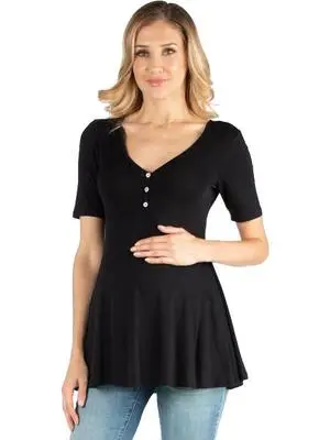 24SEVEN COMFORT APPAREL Maternity Elbow Sleeve Tunic Top With Button Detail - Black