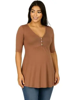 24SEVEN COMFORT APPAREL Maternity Elbow Sleeve Tunic Top With Button Detail - Mocha