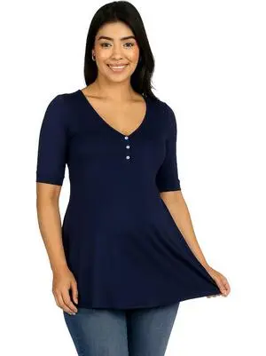 24SEVEN COMFORT APPAREL Maternity Elbow Sleeve Tunic Top With Button Detail - Navy
