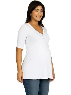 24SEVEN COMFORT APPAREL Maternity Elbow Sleeve Tunic Top With Button Detail - White