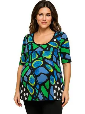 24SEVEN COMFORT APPAREL Maternity Butterfly Print Elbow Sleeve Tunic Top - Blue Multi