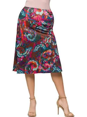 24SEVEN COMFORT APPAREL Paisley Print Maternity Knee Length Skirt - Brown Multi