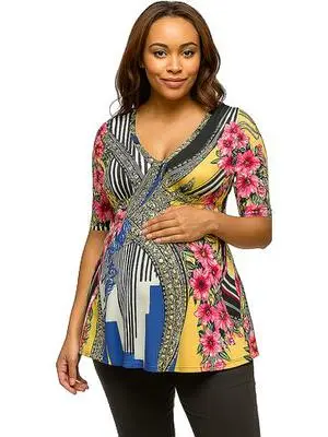 24SEVEN COMFORT APPAREL Maternity Floral Print Elbow Sleeve Henley Tunic Top - Blue Multi
