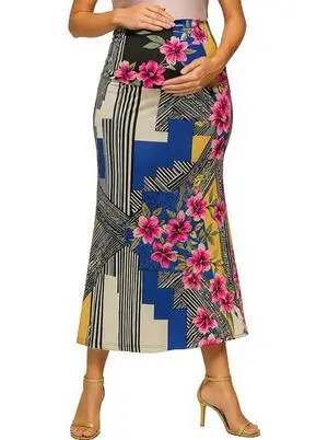 24SEVEN COMFORT APPAREL Maternity Floral Print Foldover Waist Maxi Skirt - Blue Multi
