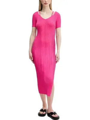 Hugo Ribbed-knit V-neck Midi Dress - Pink
