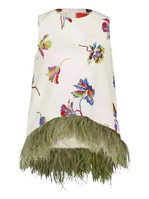 La DoubleJ Feather-trim Floral-print Top - White