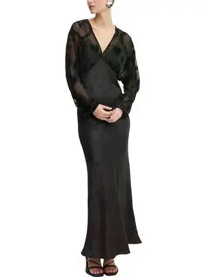 NEVER FULLY DRESSED Velvet-embellished Sheer-paneled Maxi Evening Dress - Black