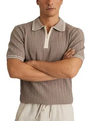 REISS Jarvis Cable Knit Polo Shirt - Light Taupe