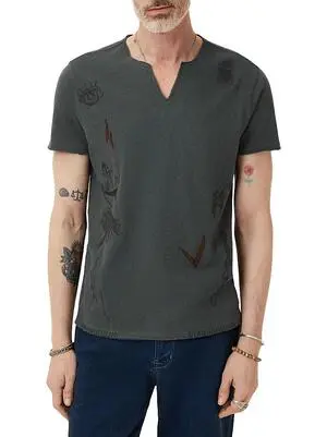 John Varvatos Regular Fit Embroidered Raw Edge V Neck Tee - Dried Sage