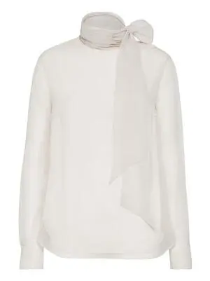 Brunello Cucinelli Pussybow Blouse With Monili - Beige Silk