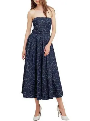 FREEMARKET Printed Strapless Belted Midi Dress - Denim