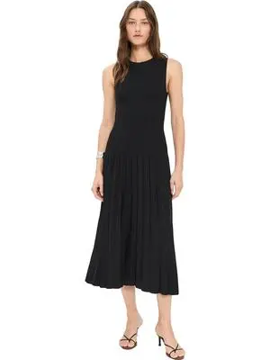Staud Elyse Ribbed Waist Pleated Knit Dress - Black