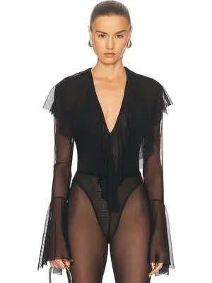 Norma Kamali Long Sleeve Deep V Ruffle Bodysuit - Black