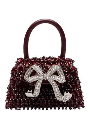 SELF-PORTRAIT Bow Micro Beaded Leather Tote - Burgundy