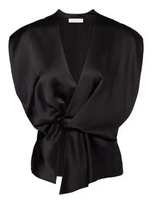 THE SEI Draped Gathered Silk Charmeuse Top - Black
