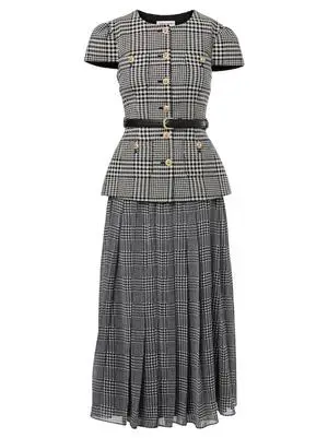 SELF-PORTRAIT Belted Houndstooth Pleated Midi Dress - Grey