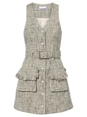 GANNI Belted Tweed Mini Dress - Grey