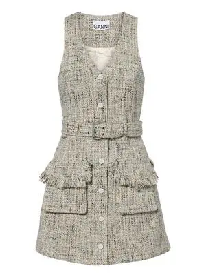 GANNI Belted Tweed Mini Dress - Grey