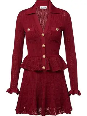 SELF-PORTRAIT Pointelle Peplum Minidress - Burgundy
