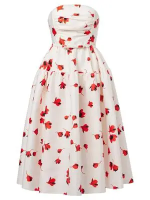 SELF-PORTRAIT Floral Ruched Taffeta Midi Dress - White