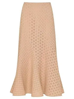 Whistles Broderie Fluted-hem Cotton Midi Skirt - Tan