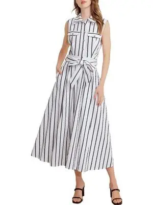 FREEMARKET Striped Sleeveless Midi Shirtdress - White/ Black