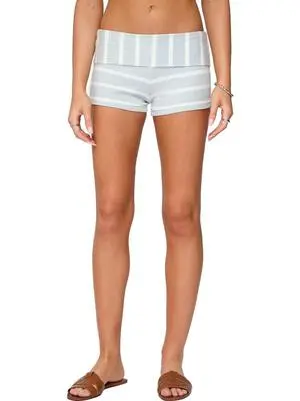 EDIKTED Lorenza Stripe Foldover Shorts - Light-blue