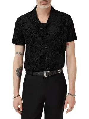 John Varvatos Matera Frond Jacquard Short Sleeve Organic Linen Button-up Shirt - Black