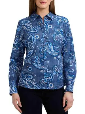 Foxcroft Hampton Paisley Print Cotton Poplin Button-up Shirt - Blue/ Multi
