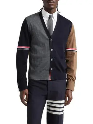 Thom Browne Fun-mix Colorblock Relaxed Virgin Wool Cardigan - Navy/ Grey/ Brown
