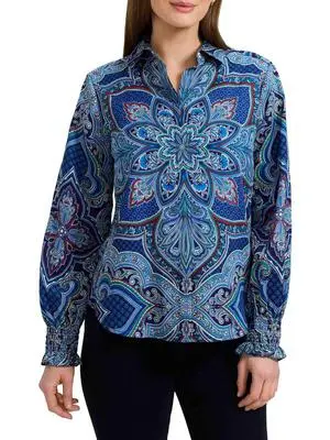 Foxcroft Printed Smocked Cuff Cotton Button-Up Shirt Blue/ Multi