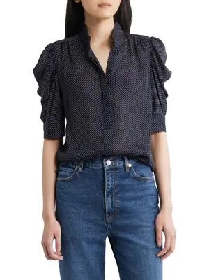FRAME The Gillian Puff Sleeve Silk Blouse - Navy Multi