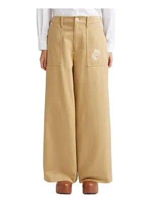 Marni Rose Embroidered Cotton Gabardine Wide-leg Pants - Cement