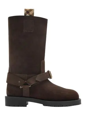 Burberry Leather Saddle Boots With Check Detail - Peat Brown