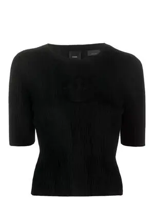 Pinko Ribbed Knit Cropped Top With Intarsia Logo - Black
