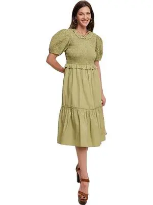 JUPE NYC Smocked Puff Sleeve Poplin Midi Dress - Natural