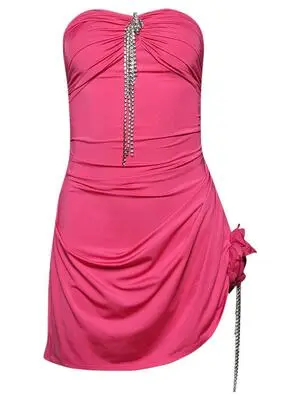 AREA Crystal Flower Draped Strapless Mini Dress - Red