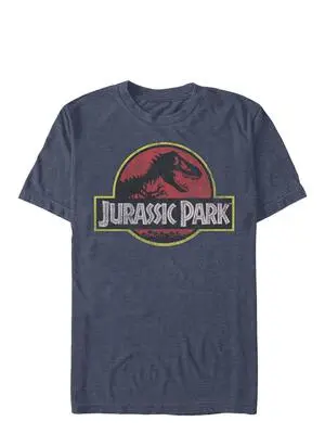JURASSIC PARK Distressed T-rex Logo Graphic T-shirt - Navy Blue Heather