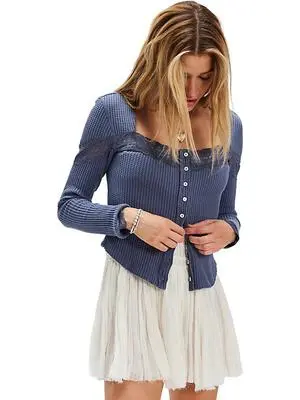 Free People Waffle-Knit Cardigan With Lace Trims Flint Stone