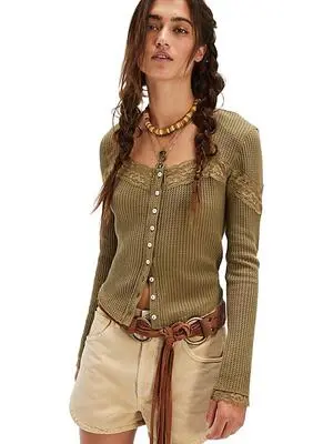 Free People Waffle-Knit Cardigan With Lace Trims Gothic Olive