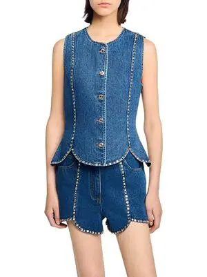 Sandro Rhinestone Denim Top - Blue Jean
