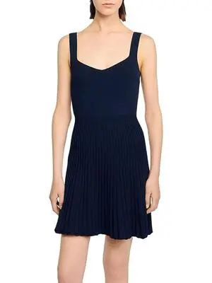 Sandro Sleeveless Pleated Knit Mini Dress - Navy Blue