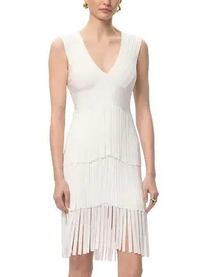 Herve Leger V-neck Gracie Midi Fringed Dress - Alabaster