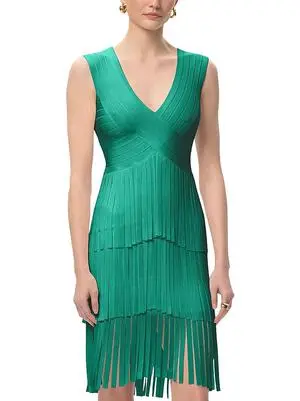 Herve Leger V-neck Gracie Midi Fringed Dress - Green Opal