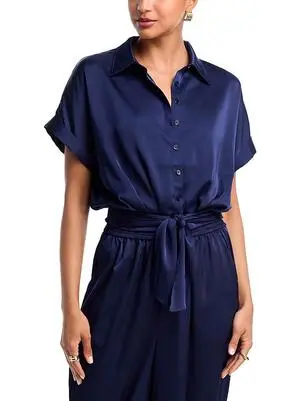 Aqua Tie Front Satin Shirt - Navy