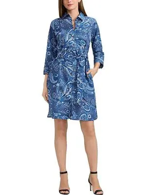 Foxcroft Paisley Button Front 3/4 Sleeve Dress - Blue Multi