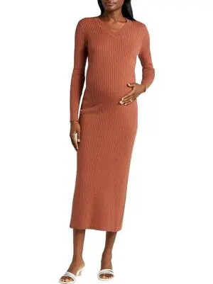 MARION Ribbed Long Sleeve V-Neck Midi Sweater Dress