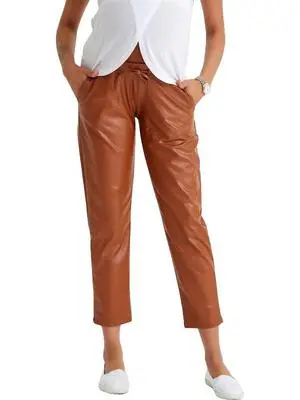 ACCOUCHEE Faux Leather Jogger Pants With Foldover Waistband - Toffee