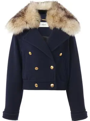 Chloé Short Boxy Double-Breasted Wool Coat Blue