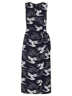 Whistles Cloud-print Tie-waist Woven Midi Dress - Navy/multi